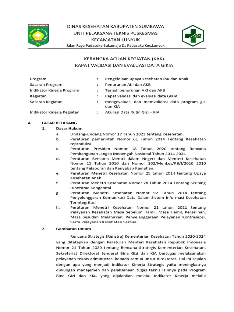 TOR Rapat Validasi Dan Evaluasi Data GIKIA | PDF