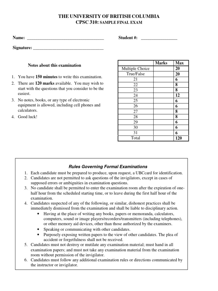Sample Final Cpsc 310 2009 Pdf Use Case Computing 