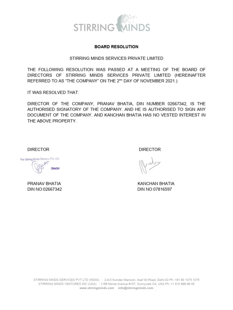 Board Resolution for Signatory Authority | PDF