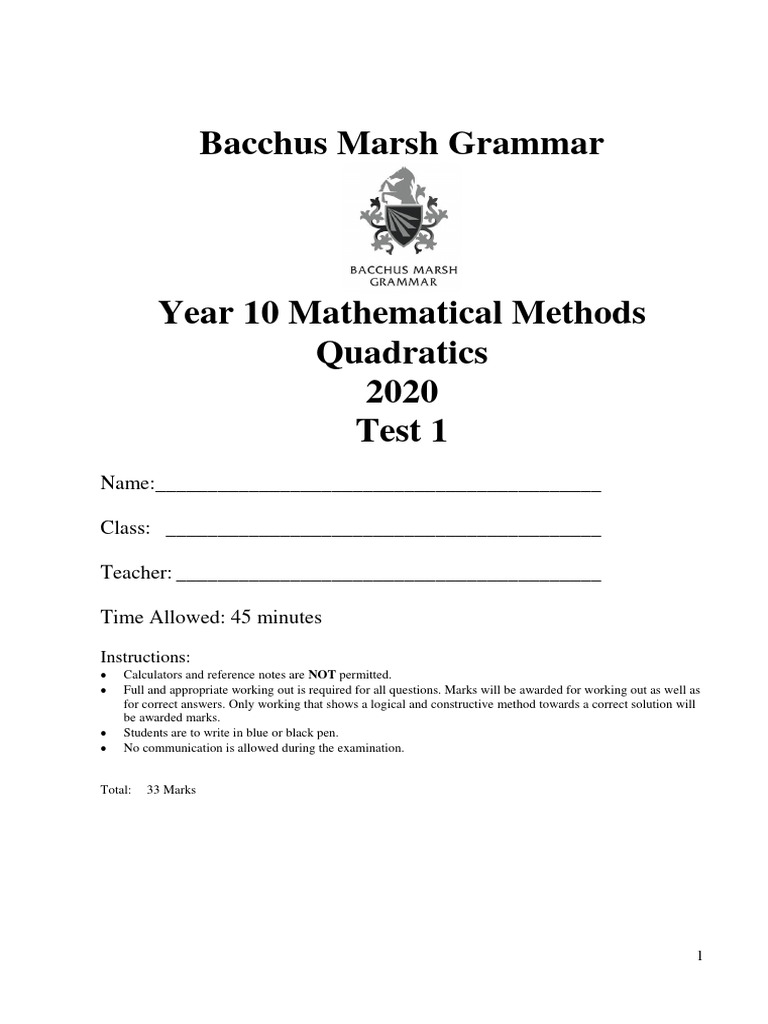 10 (MM) - Quadratics Test 1 2020 Final - SOLUTIONS | PDF | Quadratic ...
