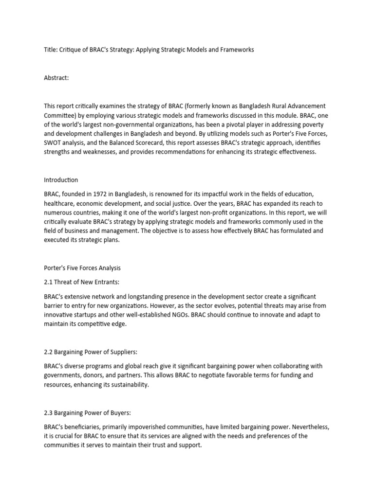 Brac Strategy Assignment 1 | PDF | Social Enterprise | Innovation
