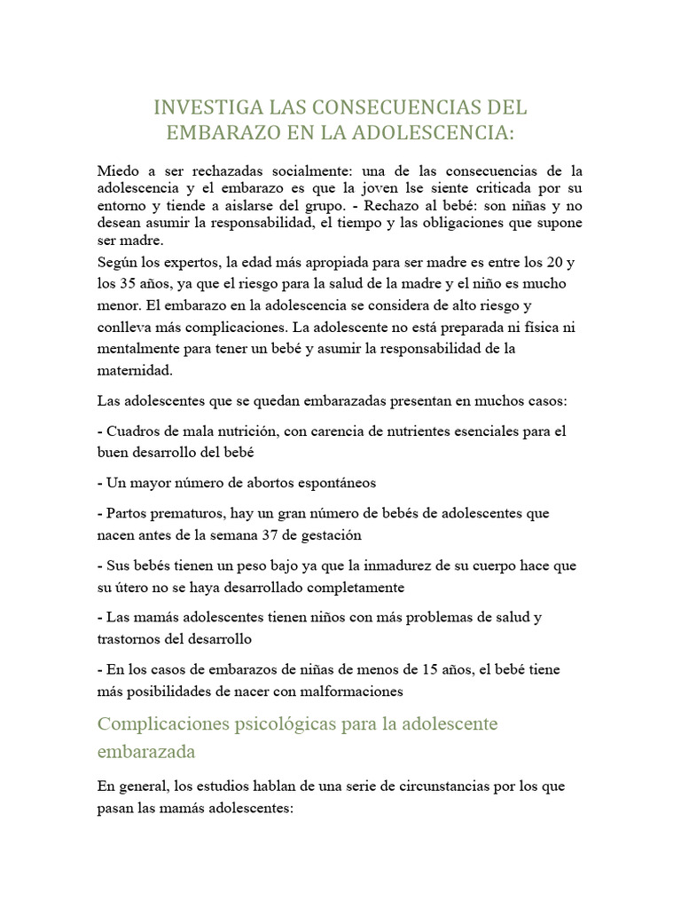 Investiga Las Consecuencias Del Embarazo en La Adolescencia | Descargar gratis PDF | El embarazo ...