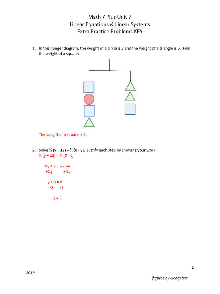 Math 7 Plus Unit 7 Linear Equations and Linear Systems Extra Practice ...
