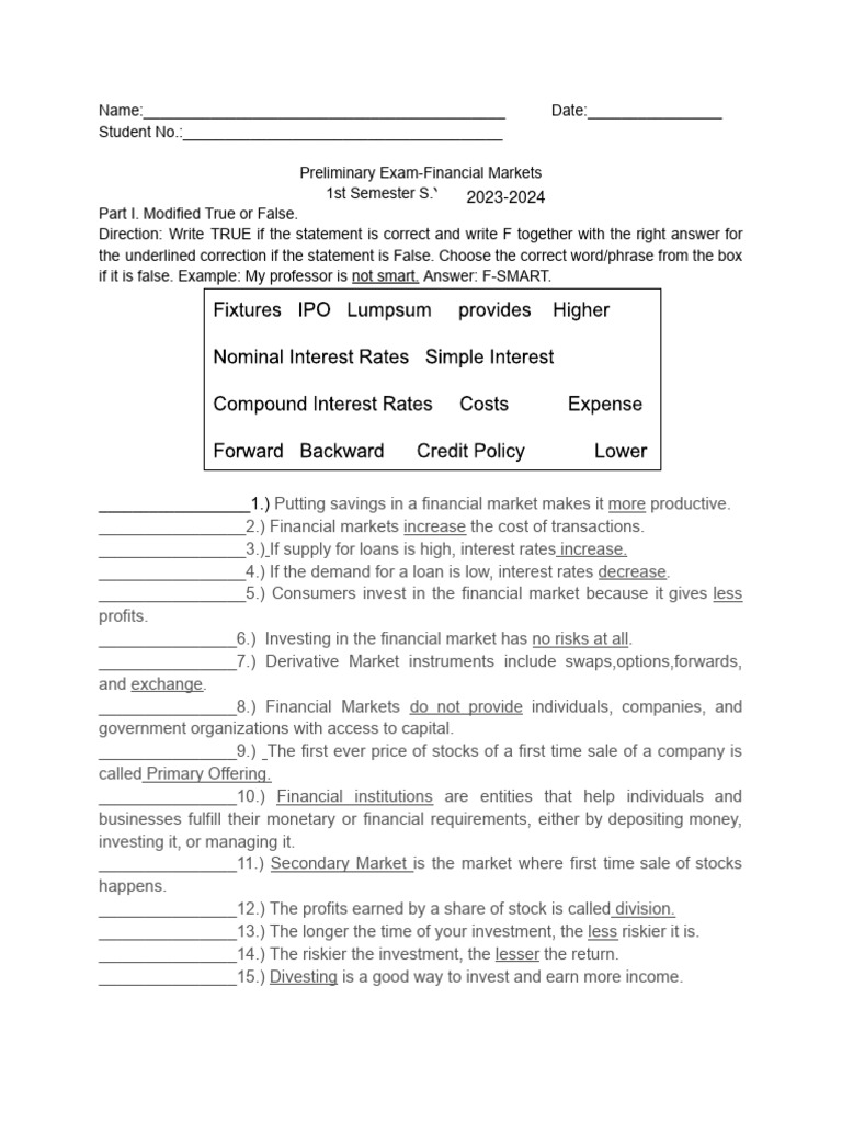 Financial Markets Preliminary Exam | PDF | Financial Markets | Interest