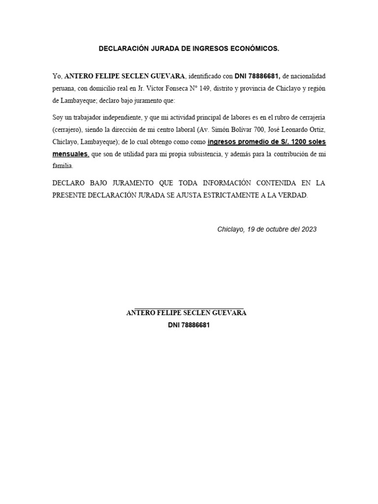 Declaración Jurada de Ingresos Económicos. | PDF