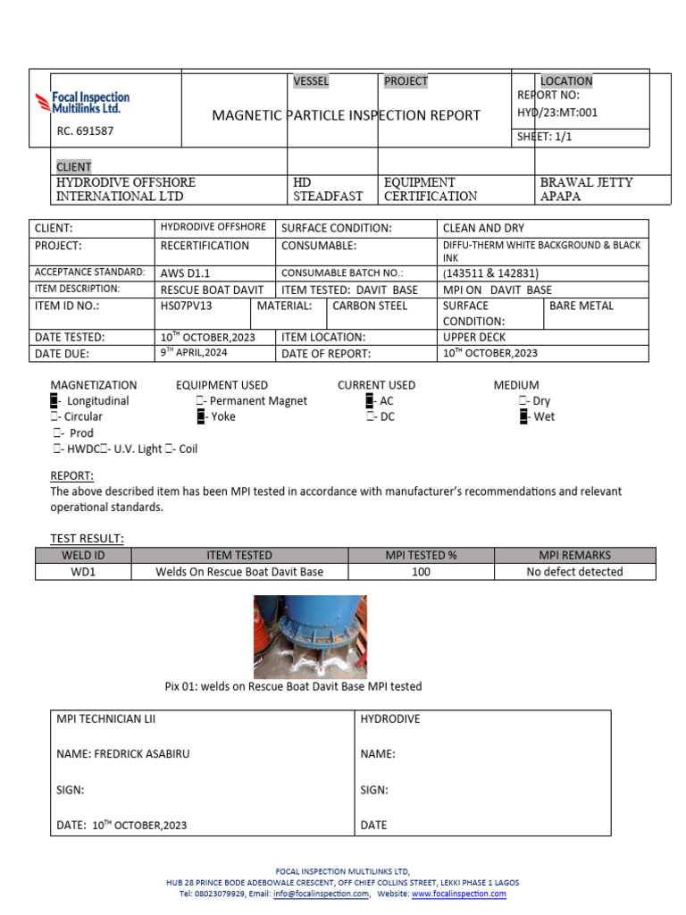 MPI Testing Report for Brawal Jetty | PDF | Welding | Construction