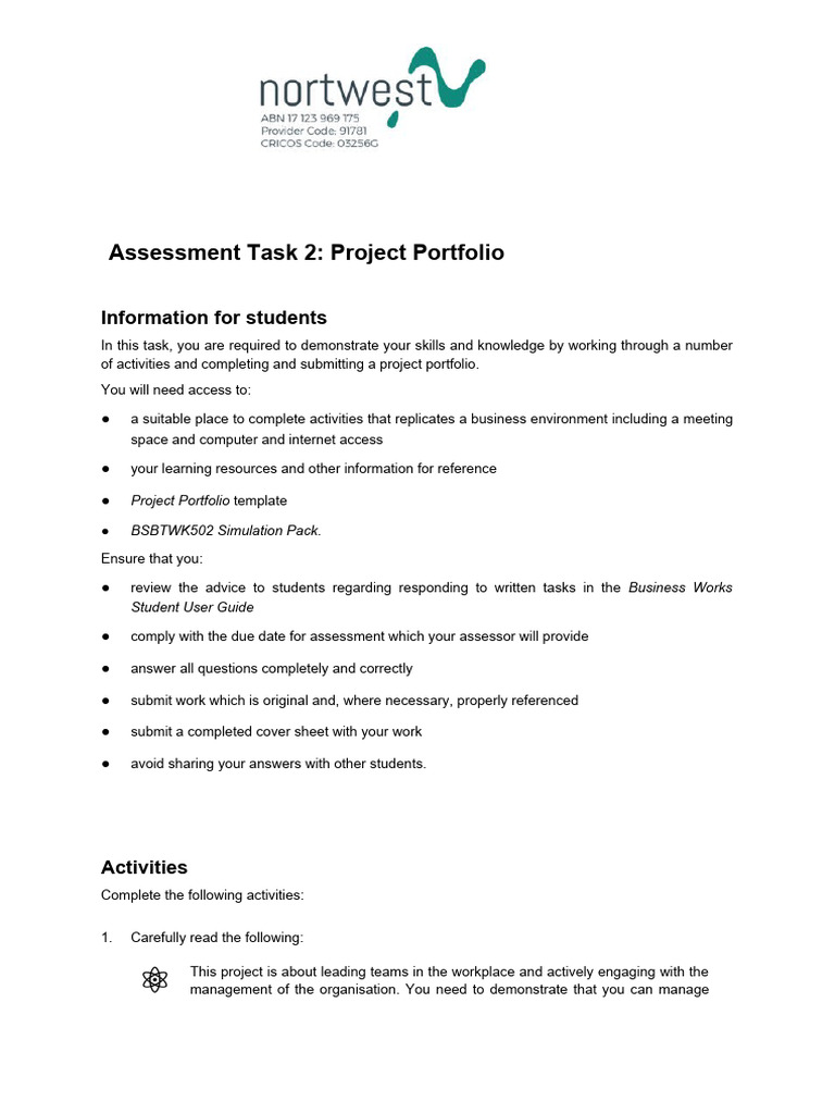 BSBTWK502 Student Assessment Task 2 Project Portfolio.v1.0 | PDF ... BSBTWK502 Student Assessment Task 2 Project Portfolio.v1.0 | PDF ...