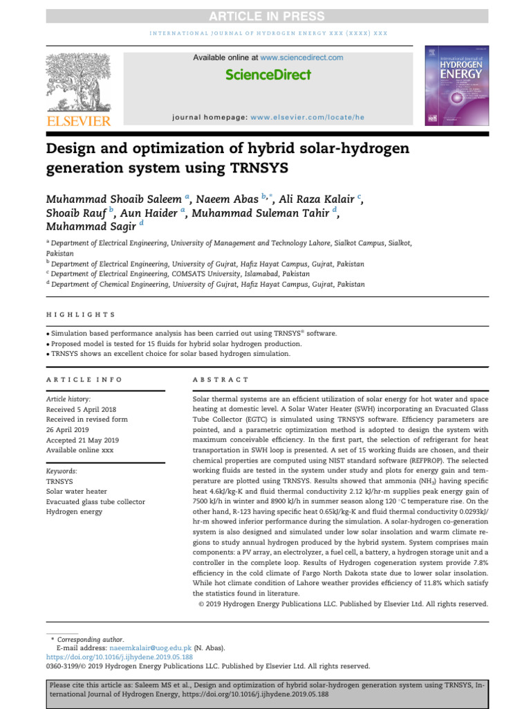 Design And Optimization Of Hybrid Solar Hydrogen Generation System Using Trnsys Pdf Solar