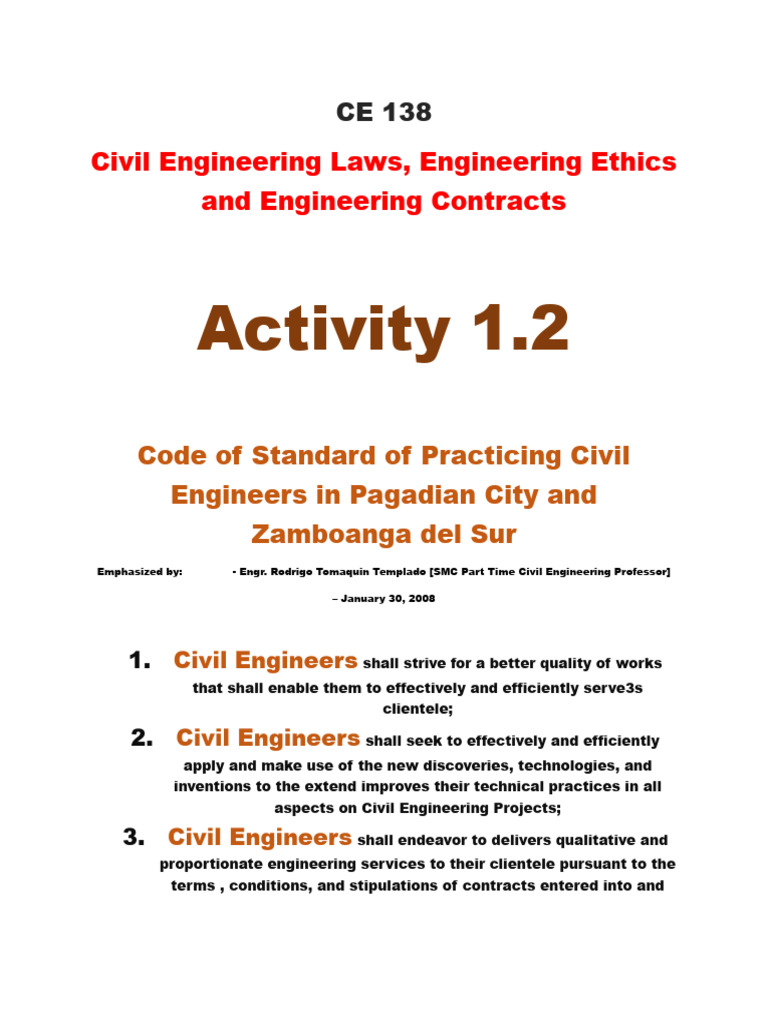 CE 138 Activity 1.2 Code of Standard of Practicing Civil Engineers in ...