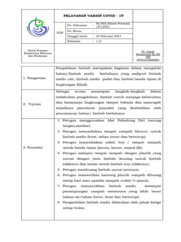 SOP Pengelolaan Limbah Klinik Pratama KKP-RI | PDF