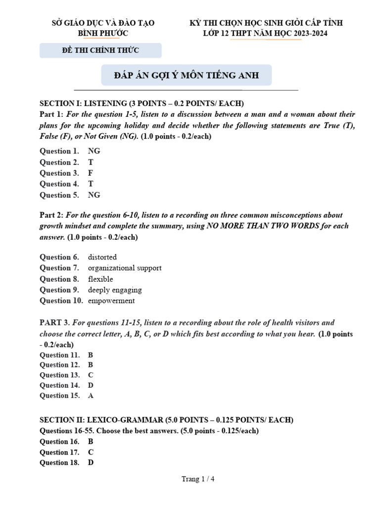 Dap An de Thi Chinh Thuc HSG Tinh Binh Phuoc 2023 2024 | PDF | Grammar | Paragraph