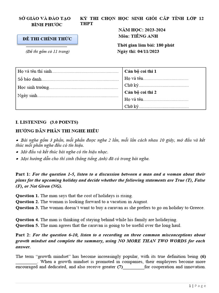 De Thi Chinh Thuc HSG Tinh Binh Phuoc 2023 2024 | PDF | Adverse Effect | Drugs