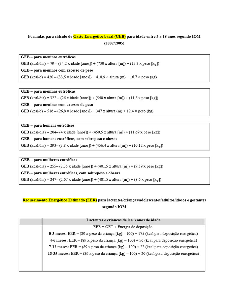 Fórmulas de Cálculo de TMB e VET - CLÍNICA | PDF | Sistema de saúde ...