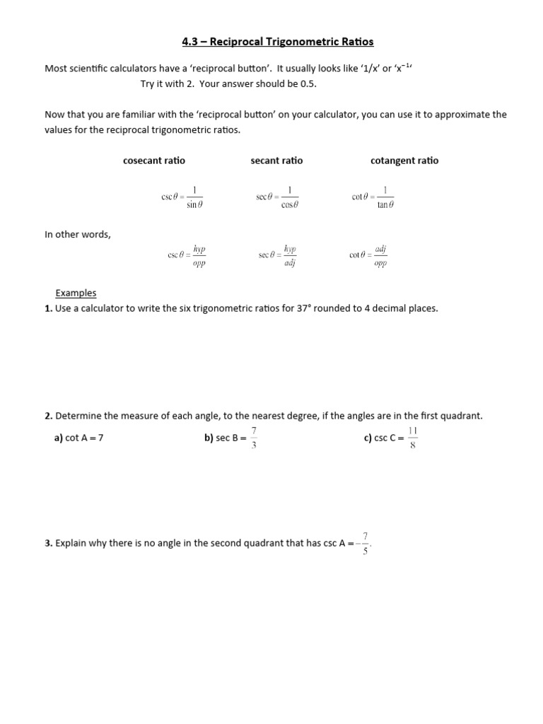 4.3 - Reciprocal Trigonometric Ratios | PDF 4.3 - Reciprocal Trigonometric Ratios | PDF