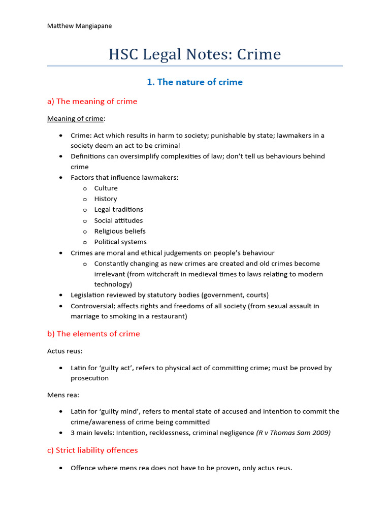 HSC Legal Notes - Crime | PDF | Arrest | Mens Rea