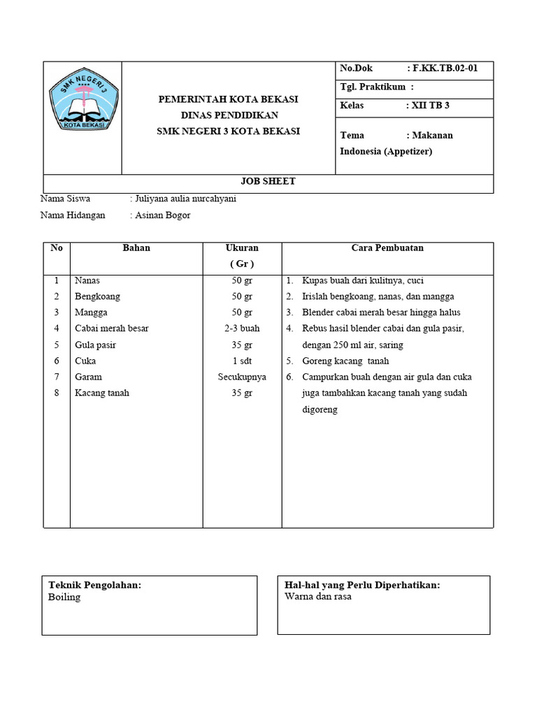 Jobsheet Praktikum Kuliner SMK | PDF