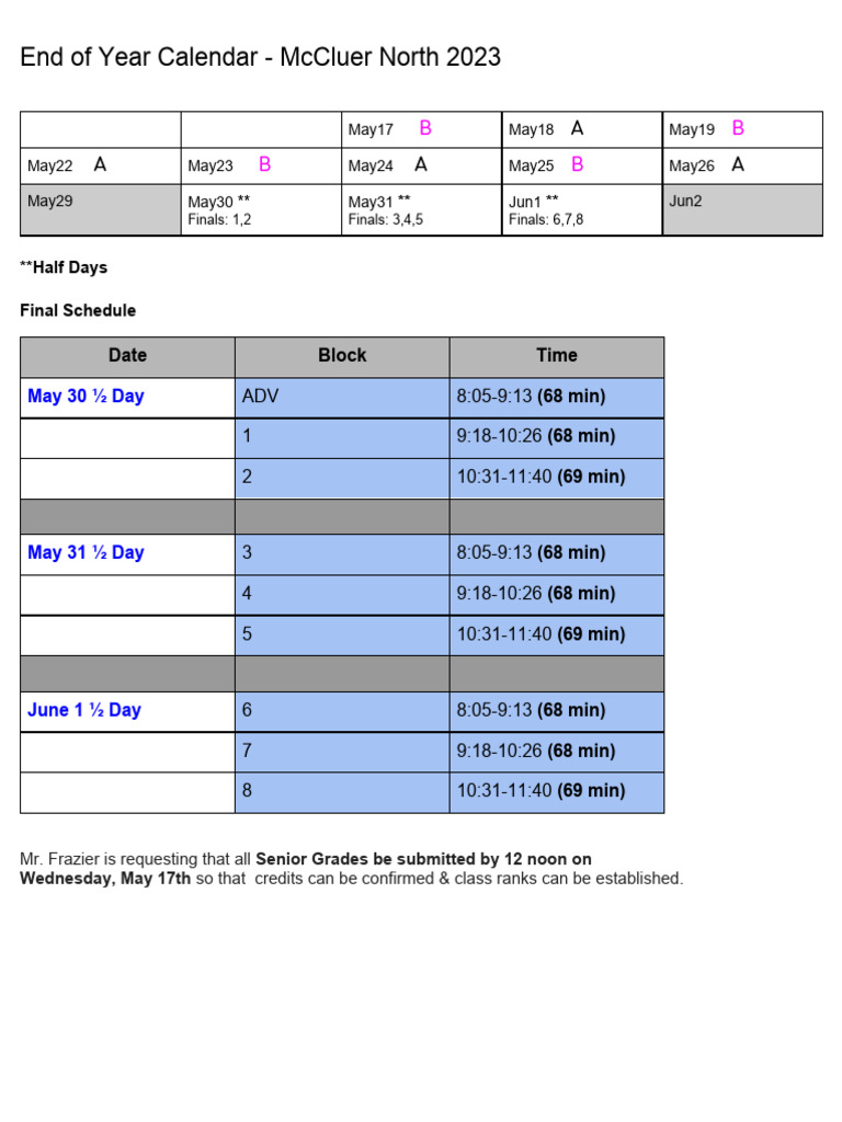 McCluer North 2023 End-of-Year Schedule | PDF