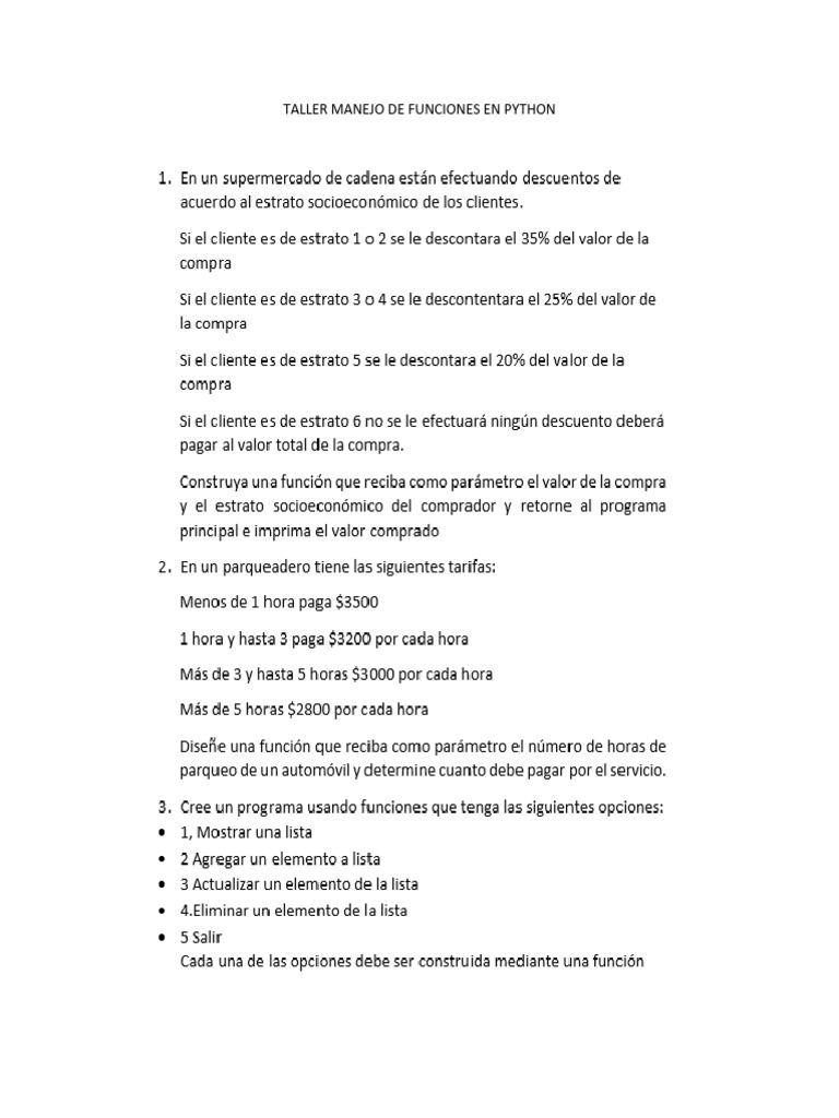 Taller Manejo de Funciones en Python | PDF Taller Manejo de Funciones en Python | PDF