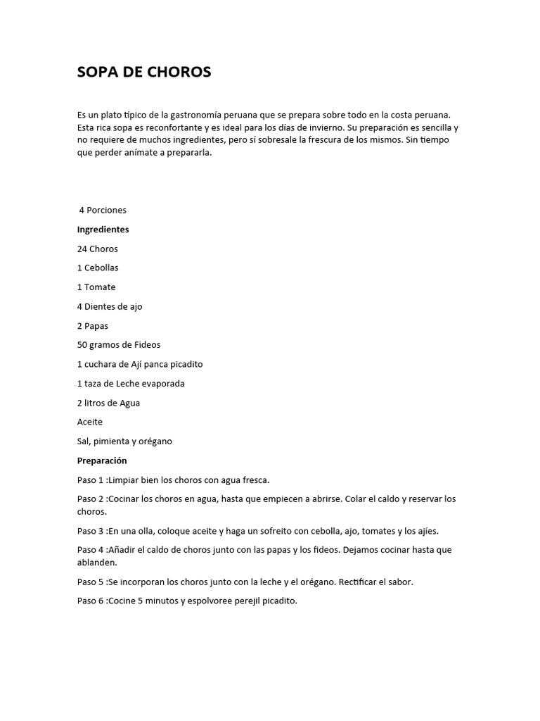 Sopa de Choros Peruana Fácil | PDF | Salud y bienestar | Estilo de vida
