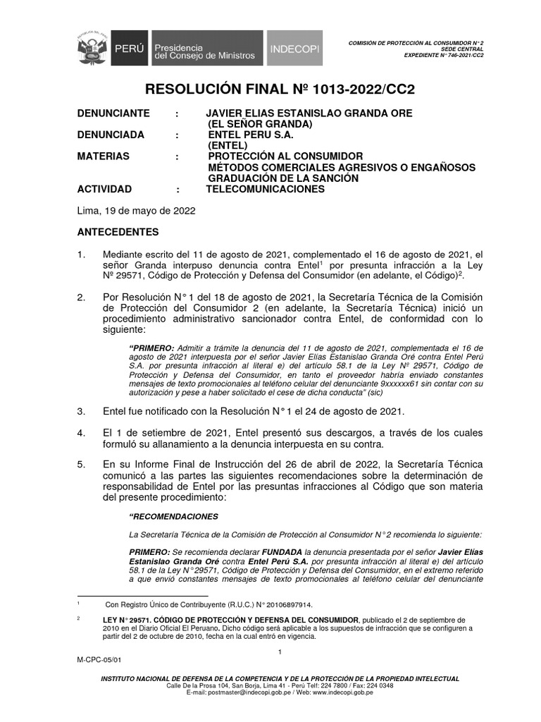Resolución Final #1013-2022/CC2 | PDF | Multa (pena) | Protección al Consumidor