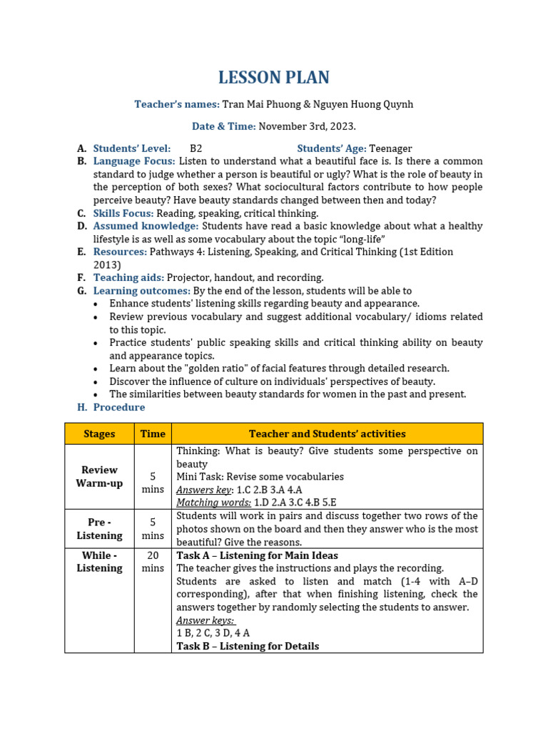 Lesson Plan | PDF | Vocabulary | Beauty