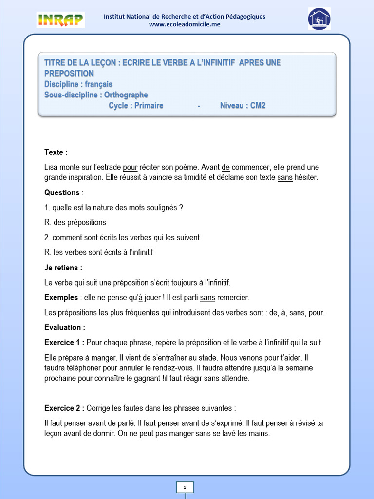 Franc Cm2 - Ecrire Le Verbe A Linfinitif Apres Une Preposition | PDF