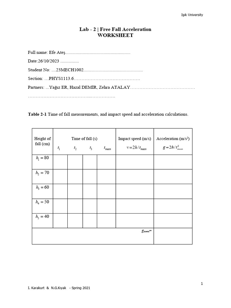 Lab2 Free Fall Acceleration WorkSheet | PDF | Science | Statistics