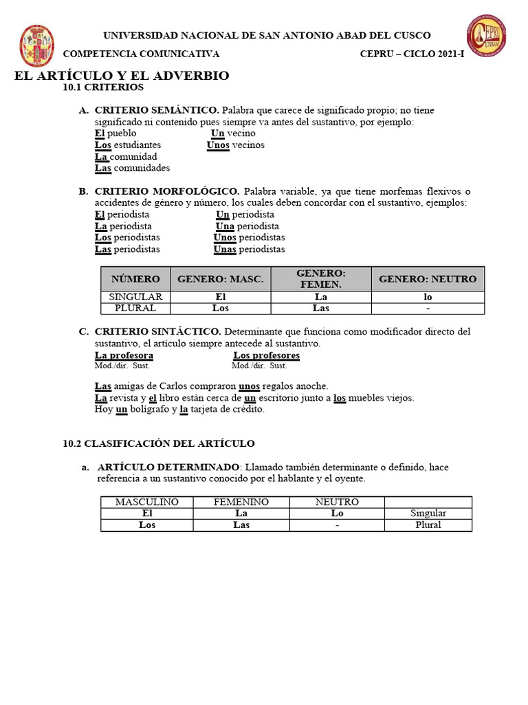 Artículos y Adverbios en Español | PDF | Sustantivo | Género gramatical