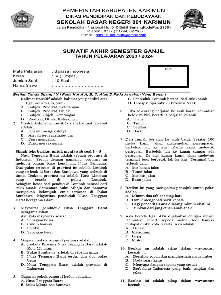 Soal Bahasa Indonesia - Kelas 4 SM 1 TP 2023-2024 1 Sas | PDF