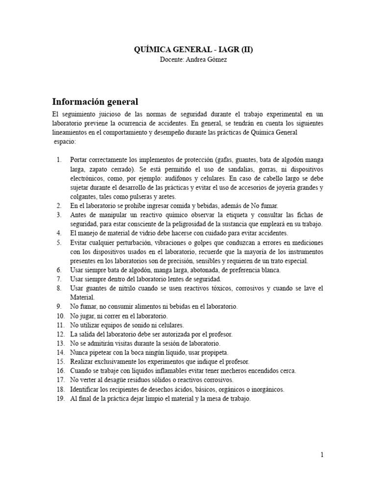 Guía de Laboratorio Reglamento de Laboratorio y normas de seguridad en el manejo de reactivos ...