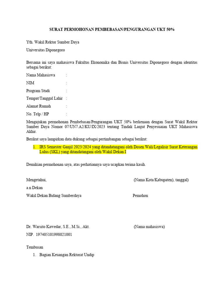 Surat Permohonan Pengembalian UKT Mahasiswa Akhir | PDF