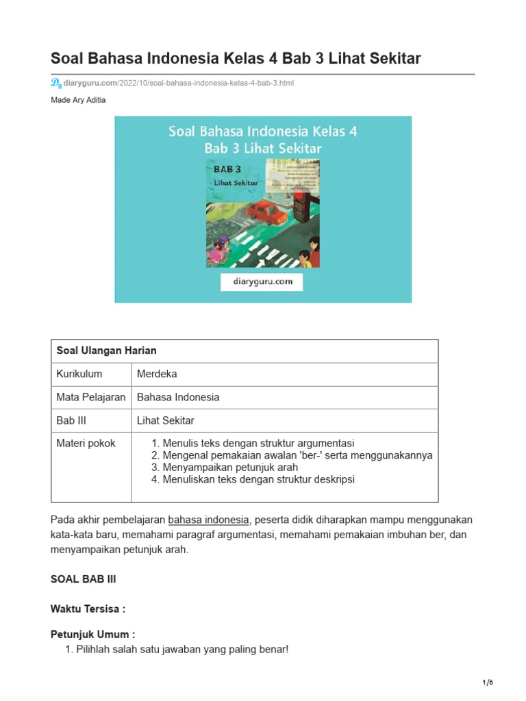 Soal Bahasa Indonesia Kelas 4 Bab 3 Lihat Sekitar | PDF