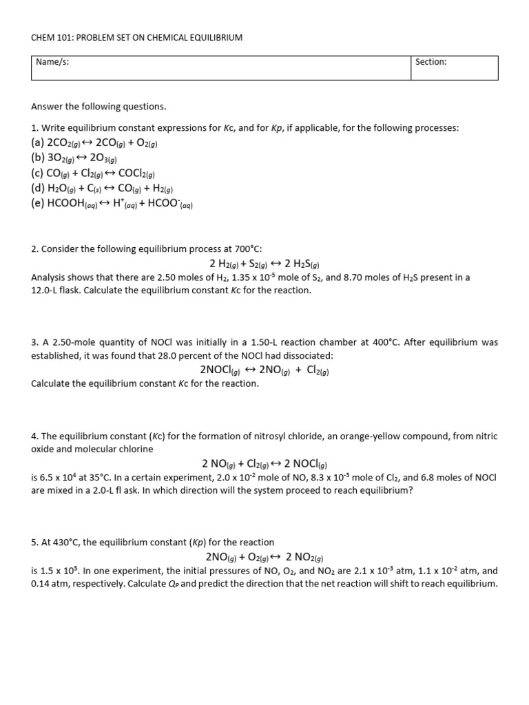 Problem Set On Chemical Equilibrium | PDF | Teaching Methods ...