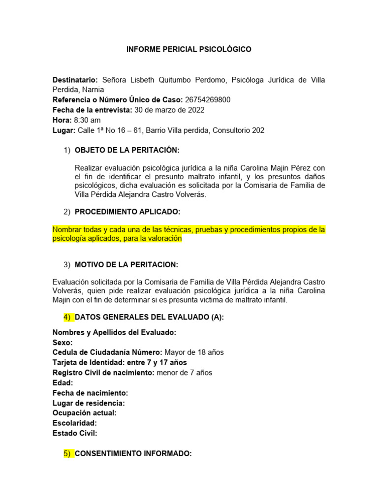 Informe Pericial Psicológico | PDF | Evaluación | Sicología