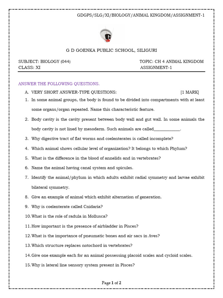 Class 11 Animal Kingdom Assignment | PDF | Fish | Zoology