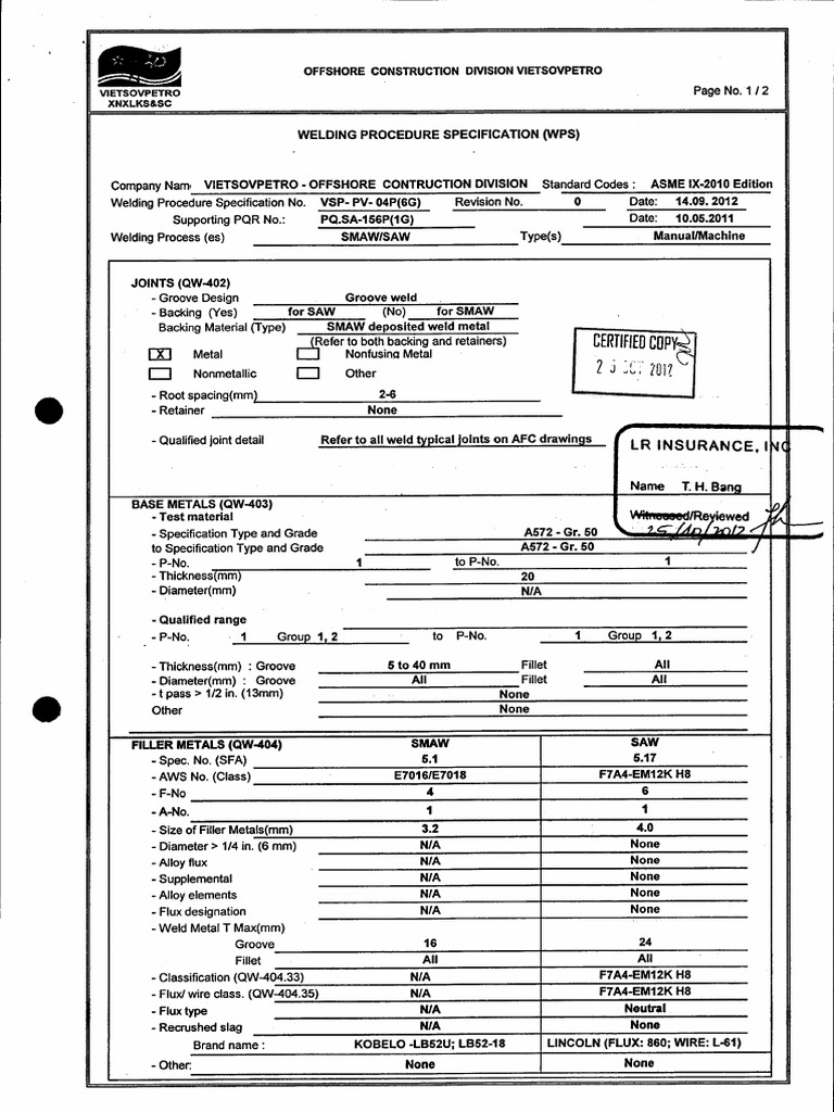 VSP-PV-04P (6G) Welding Procedure Specification | PDF