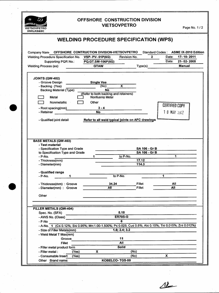 VSP-PV-01P (6G) Welding Procedure Specification | PDF