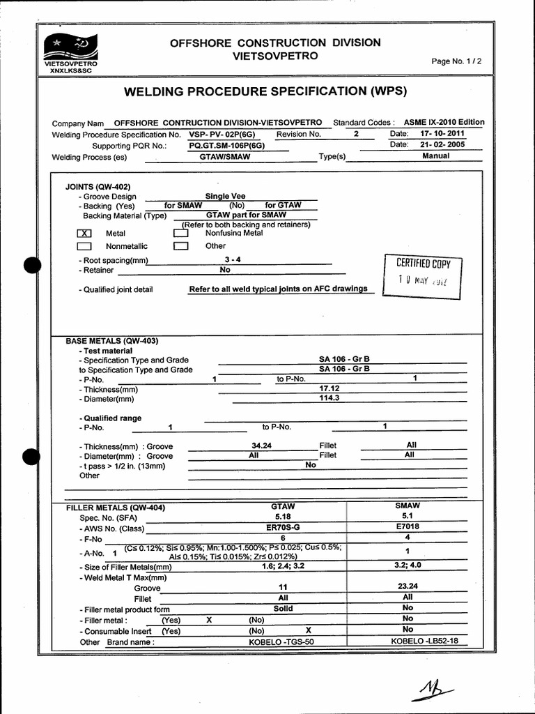 VSP-PV-02P (6G) Welding Procedure Specification | PDF