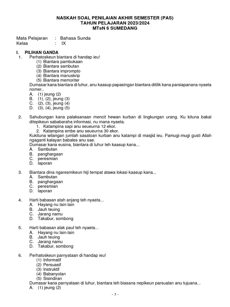 Soal PAS Bahasa Sunda Kelas IX | PDF