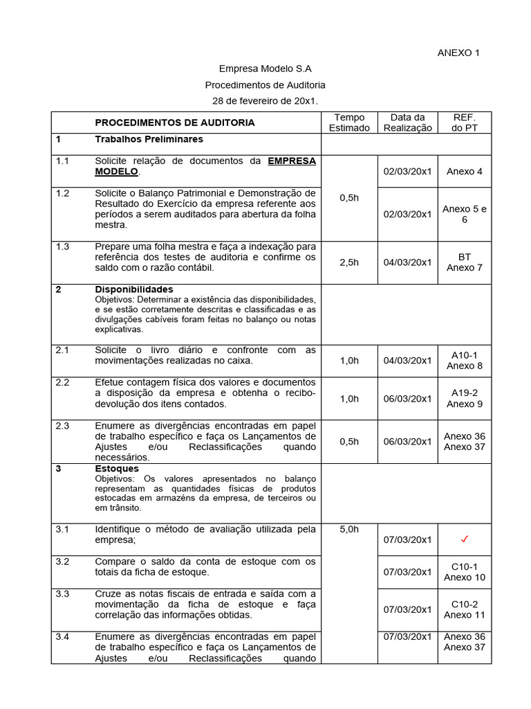 1 - Anexo 1 - Procedimentos de Aud | PDF | Balancete | Contabilidade