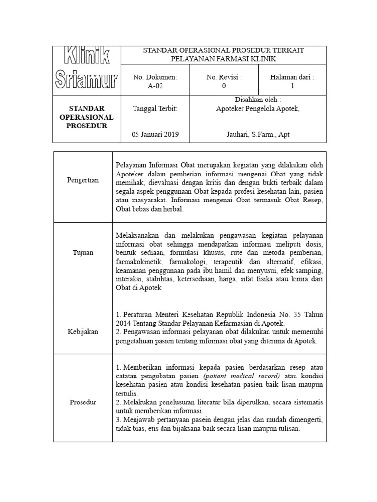 SOP APOTEK Klinis | PDF | Pengembangan Diri