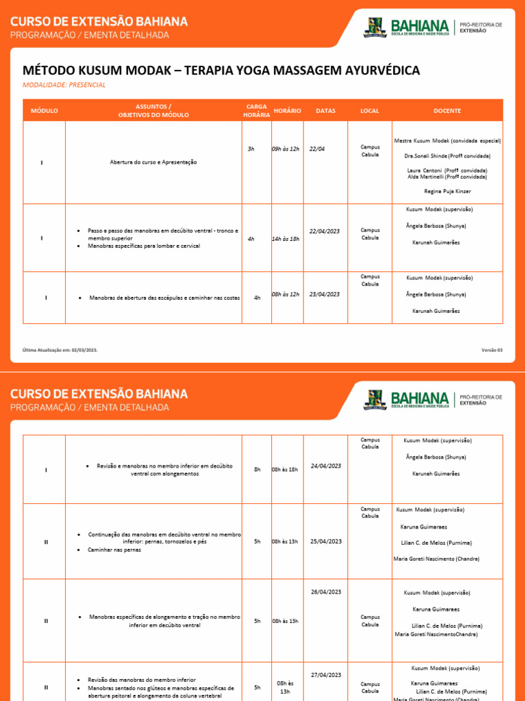 bahiana-modelo-programacao-ementa-CORRETA - MÉTODO KUSUM MODAK - YOGA MASSAGEM AYURVÉDICA | PDF