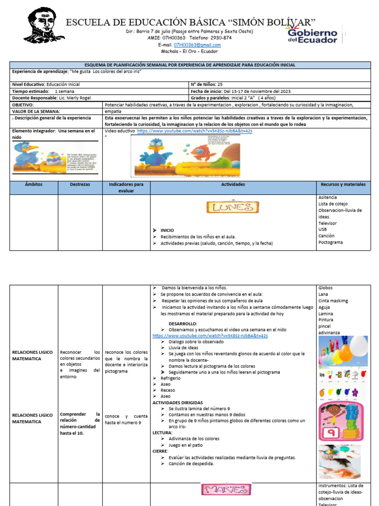 Planificación Arcoíris para Educación Inicial | PDF | Arco iris | Espejo