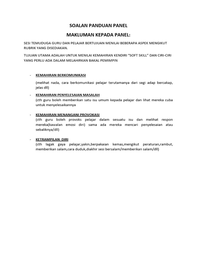 Soalan Panduan Panel Borang Penilaian Panel | PDF