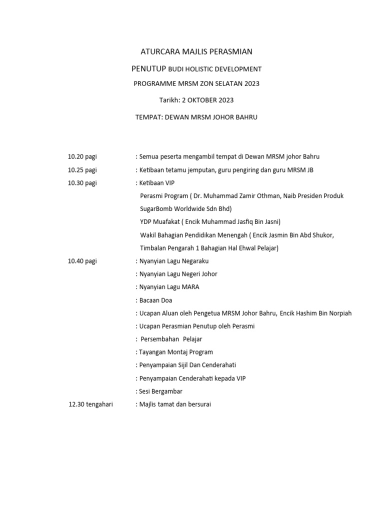 Tentatif-Majlis-Penutup Budi Zon Selatan | PDF