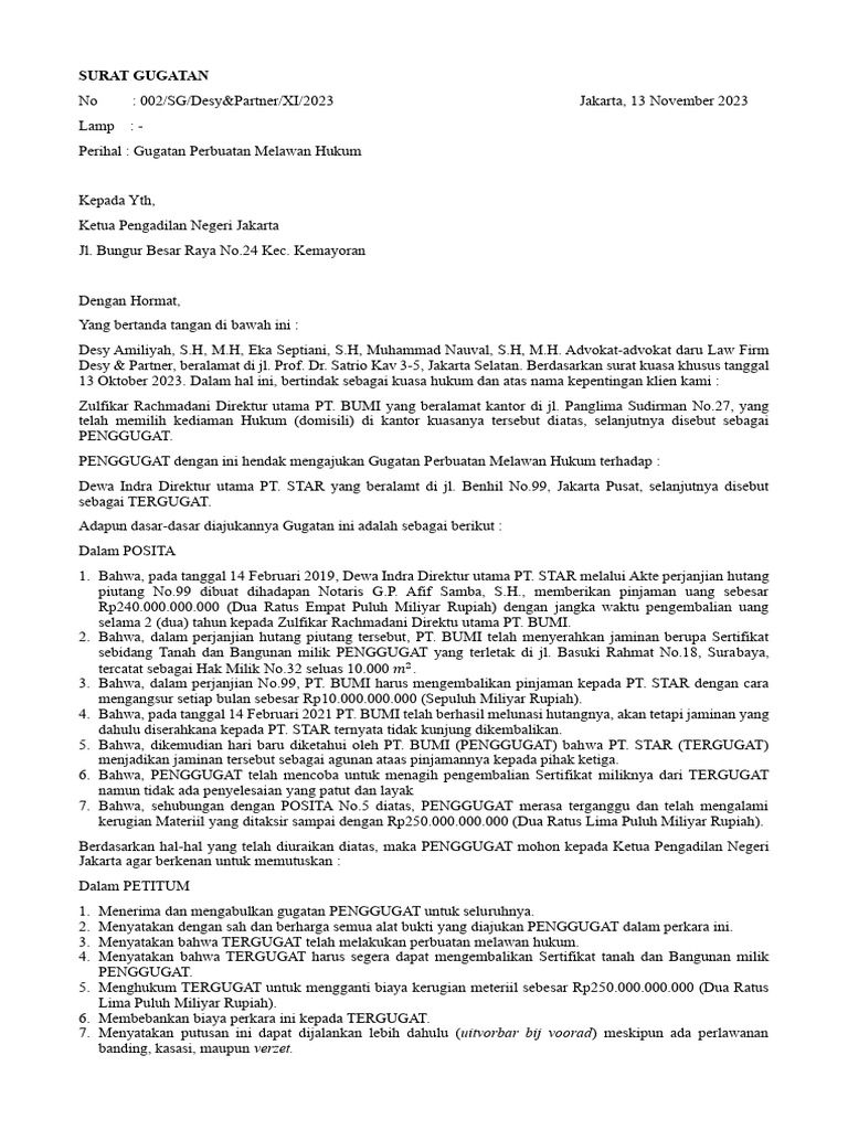 Surat Gugatan Law Firm Desy Amiliyah 2 | PDF