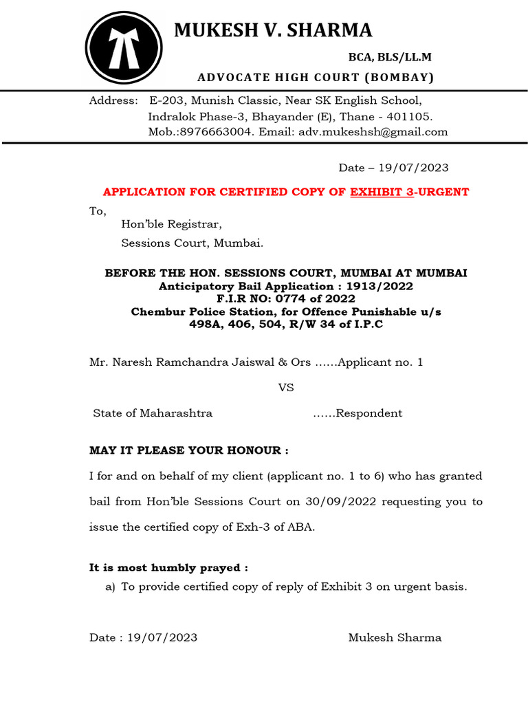 Certified Copy Application for Exhibit 3 | PDF