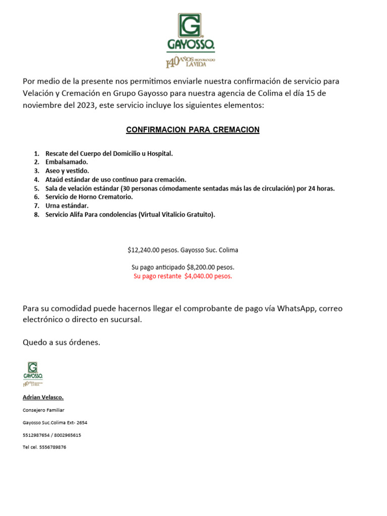 Confirmación de Cremación Gayosso Colima | PDF