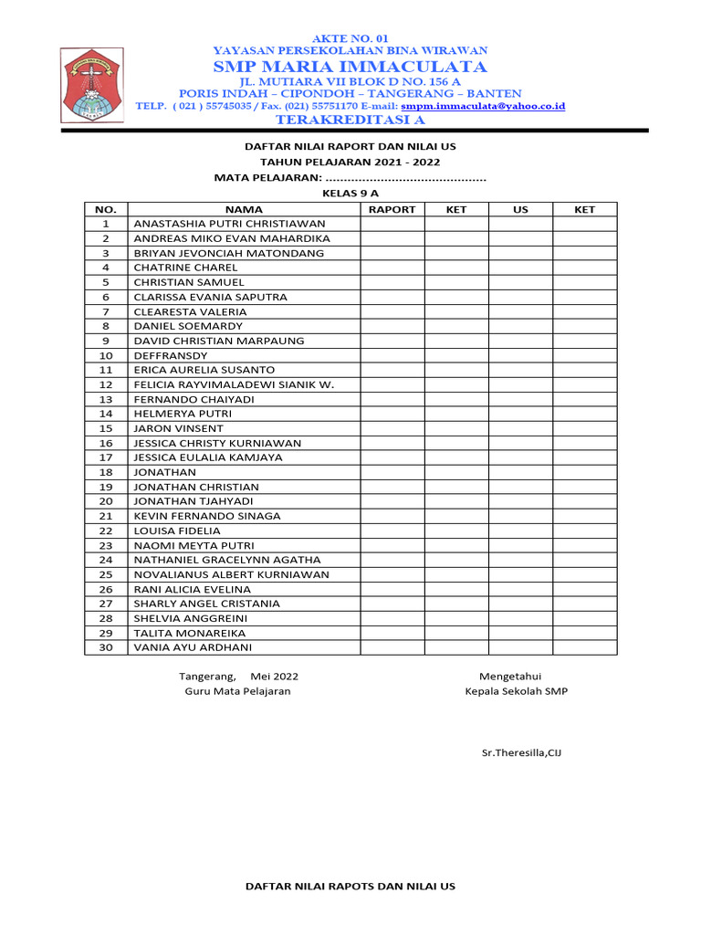 Format NILAI KELAS 9 | PDF