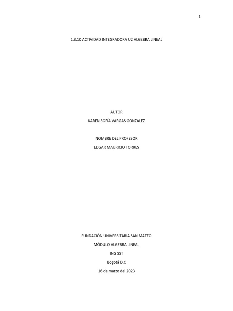 Actividad Integradora U2 Algebra Lineal | PDF | Matriz (Matemáticas ...